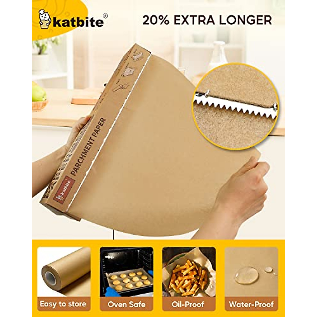 Katbite 15in x 242ft, 300 Sq.Ft Unbleached Parchment Paper Roll for Baking, Parchment Baking Paper with Serrated Cutter, Non-stick Longer Parchment Roll for Cooking, Air Fryer, Steaming, Bread