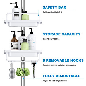 FRDECON Rustproof Shower Caddy Corner for Bathroom, 4-Tier Tension Pole Stainless Steel Shower Organizer, 56 to 115 Inch Adjustable Bathtub Shower Shelf Storage with 1 Tower Bar, White
