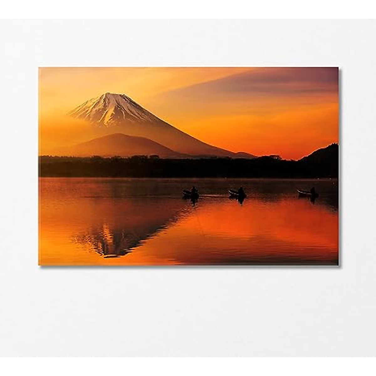 Silhouette of Three Fishermen on Boats on Shoji lake Japan Canvas Print 1 Panel / 36x24 inches
