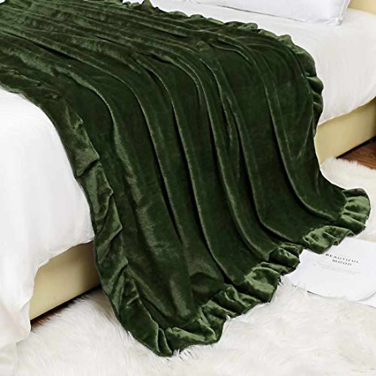 PiccoCasa Flannel Fleece Blanket Throw Size Army Green - Luxury Sofa Throws and Blankets with Ruffle Trim - Lightweight Plush Microfiber Solid Decor Blanket for Couch,Bed, Chair, 50" x 60"