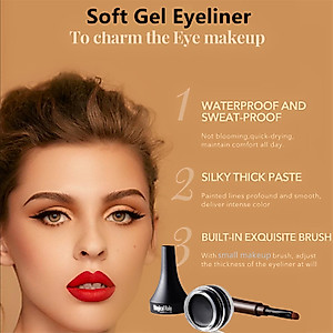 Go Ho Waterproof Gel Eyeliner Pot,Smudge proof &Long Lasting Black Eyeliner,High Pigment Smooth Cream Eyeliner Gel with Brush,Easy to Apply Eyebrow Gel Pot,1#Dark Black