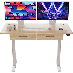 Our Modern Space 2-Drawer Height Adjustable 45" Electric Standing Desk - Upgraded Ultra Durable Home Office Large Rectangular Computer Table or Laptop Sit Stand Workstation - Maple