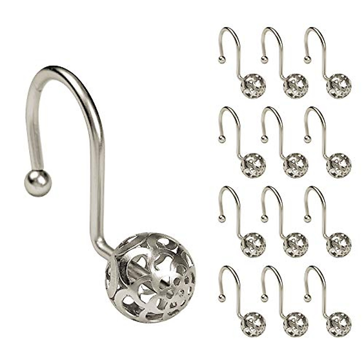 Sunlit Contemporary Design Carved Ball Shower Curtain Hooks Rust Proof Oil Rubbed Metal Orb Shower Curtain Rings - Satin Matte Silver - 12 Pack