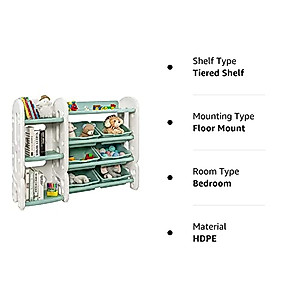 Costzon Kids Bookshelf with Toy Organizers and Storage, Multi-Purpose 4-Tier Shelf & 6 Removable Plastic Bins to Organize Books Toys, Toddler Bookcase for Playroom, Bedroom, Daycare, Nursery (Green)