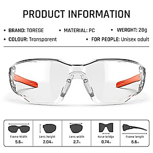 TOREGE Safety Glasses For Men, Clear Safety Goggles Eye Protection With Anti Fog And Anti Blue Light Lens, Scratch Resistant UV Protective Work Glass For Women(C5-Transparent&Orange)