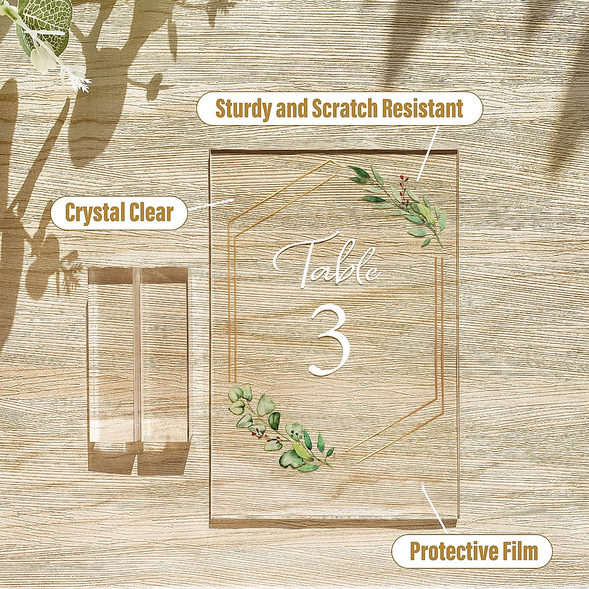 AerWo Acrylic Wedding Table Numbers 1-10 with Stands, 4x6 inches Clear Sign Place Cards with Gold Trim Green Floral Theme, Rustic Table Numbers for Wedding Reception Anniversary Baby Bridal Shower