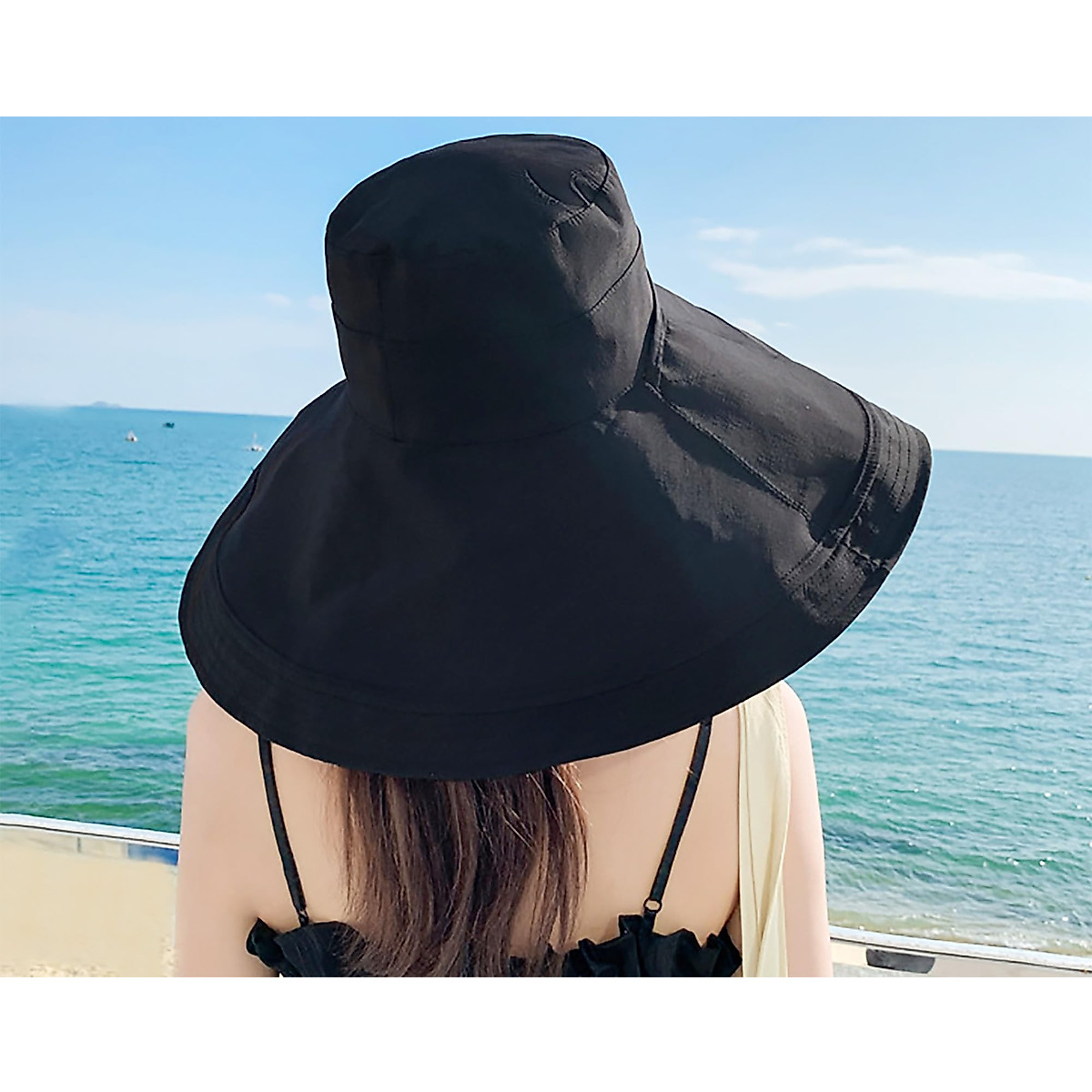 Packable Large Brim Sun Hat for Women - 6.7" Wide-Brim UV-Protection Women's-Sun-Beach-Hats with Strap Black