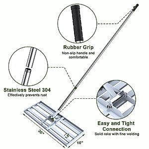 Sunvigor Lawn Leveling Rake, 30" x 10" Ground Plate with 6FT Adjustable Extra Long Handle Stainless Steel for Yard Garden - Heavy Duty Effort-Saving Leveling Soil Sand Spreading Dirt Top Dressing