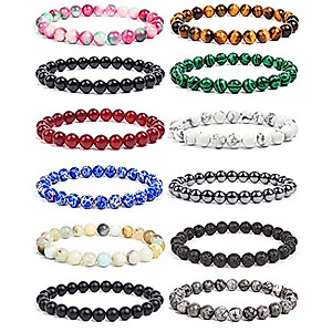 BOMAIL 12Pcs Natural Semi-Precious Gemstones Bracelets -8mm Round Beaded Bracelets for Men Women Reiki Healing Crystals Beads Stretch Bracelet