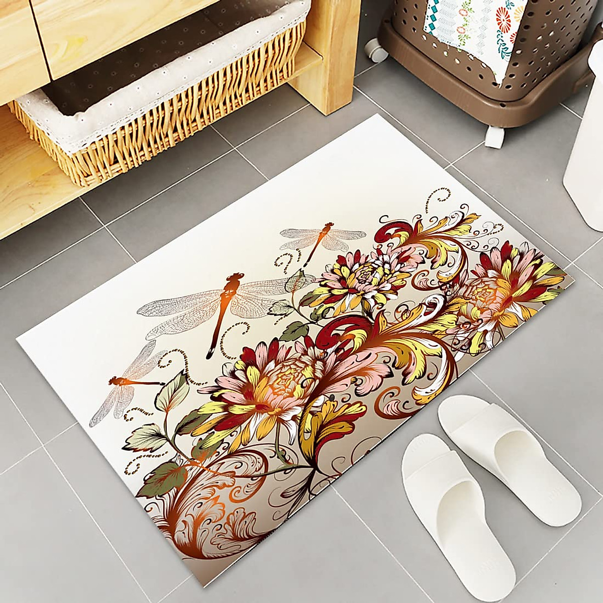 Teamery Kitchen Mat 2PCS, Dragonfly Flowers Kitchen Rugs for Kitchen Organization, Home Decor Anti-Fatigue Kitchen Floor Mats Non-Slip Kitchen Decor Runner Rug, Room Decor Standing Desk Mats