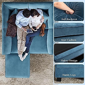 Vongrasig 5 Pieces Modular Sectional Sofa Couch with Reversible Chaise 116" Velvet L-Shaped Couch Sofa 4-seat Modular Large Sectional Couch with Ottoman for Living Room, Upholstered Cushion (Blue)