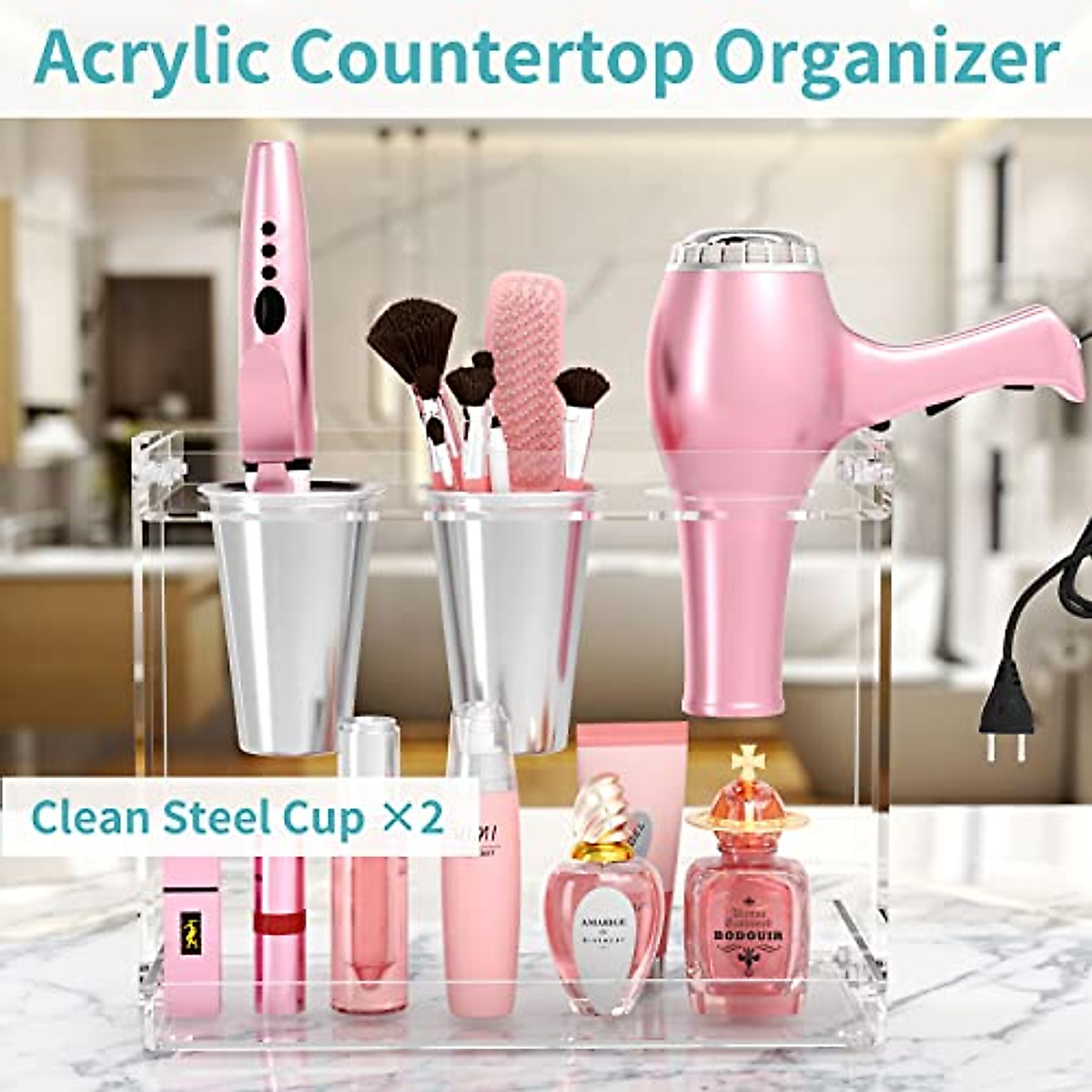 HIIMIEI Hair Tool Organizer, Clear Acrylic Blow Dryer and Curling Iron Holder, 2 Tier Bathroom Counter Storage, Vanity hairdryer Stand for Lotion Makeup Cosmetics Perfume Makeup Toiletries