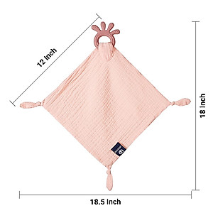 Baby Muslin Security Blanket with Food Grade Silionce Teether,Soothe Teething Toy for Boys and Girls,100% Polyester (Pink)