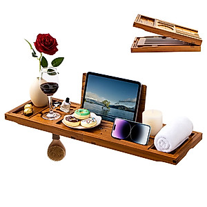 Axeman Teak Bathtub Tray - Bathtub Caddy for Luxury Bath Foldable Bath Tray Bath Tub Accessories with Expandable Handles Wine Glass Phone Holder Book Stand for Home Spa Relaxing and Reading，Natural