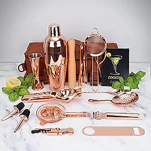 Travel Bartender Kit with Bag | 17-Piece Copper Bar Tool Set & Portable Bar Bag with Shoulder Strap for Easy Carry and Storage | Best Rose Gold Travel Bar Set for Cocktail Making
