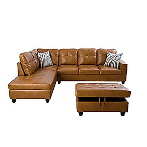 AYCP Contemporary Sectional Sofa w/Chaise and Storage Ottoman|3-Piece L-Shape Living Room Furniture|Faux Leather Upholstery|High-Density Memory Foam Cushions|(2) Toss Pillows (Ginger Left Facing)