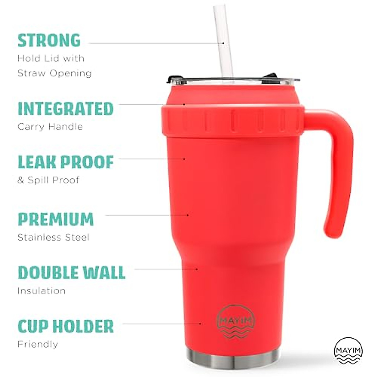 Mayim 40oz Tumbler with Handle, Travel Coffee Mug or Insulated Water Bottle with Straw and Lid, Leak Proof Stainless Steel Double Wall Thermos for Home, Office or Car - Neon Orange