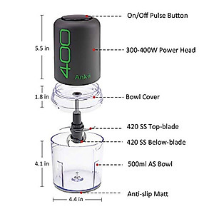 Food Processor Blender Electric Vegetable Chopper Multifunctional Meat Chopper Veggie and Fruit Mincer Mixer with 4 Stainless Steel Blades, 400-Watt, 2 Cup Capacity (Gray)