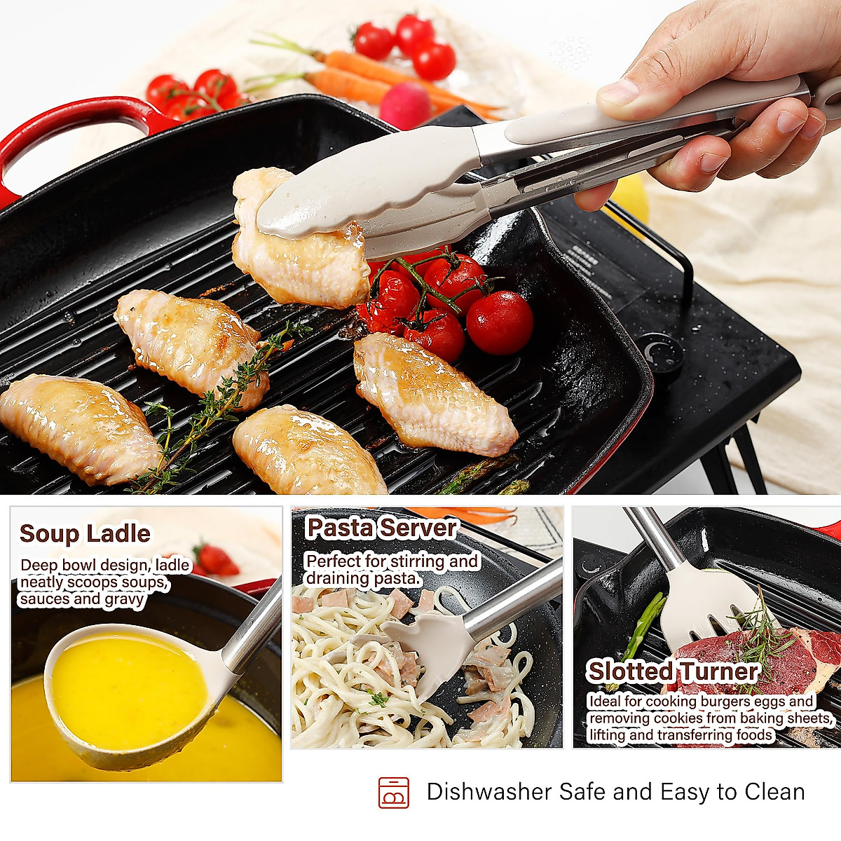 NCUE Kitchen Utensils Set, 35 Pcs Silicone Cooking Utensils Set with Holder, with Stainless Steel Handle Spatula Set, Spoons, Pasta Server, Cheese Grater, Masher, Scissors, Dishwasher Safe (Khaki)