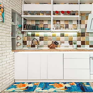 Fuoxowk Turquoise Teal Modern Abstract Kitchen Rug Set,Blue Orange Artistic Painting Decorative Runner Rugs with Rubber Backing,Throw Rugs Washable for Kitchen Sink,Laundry Room,Standing Desk,Boho