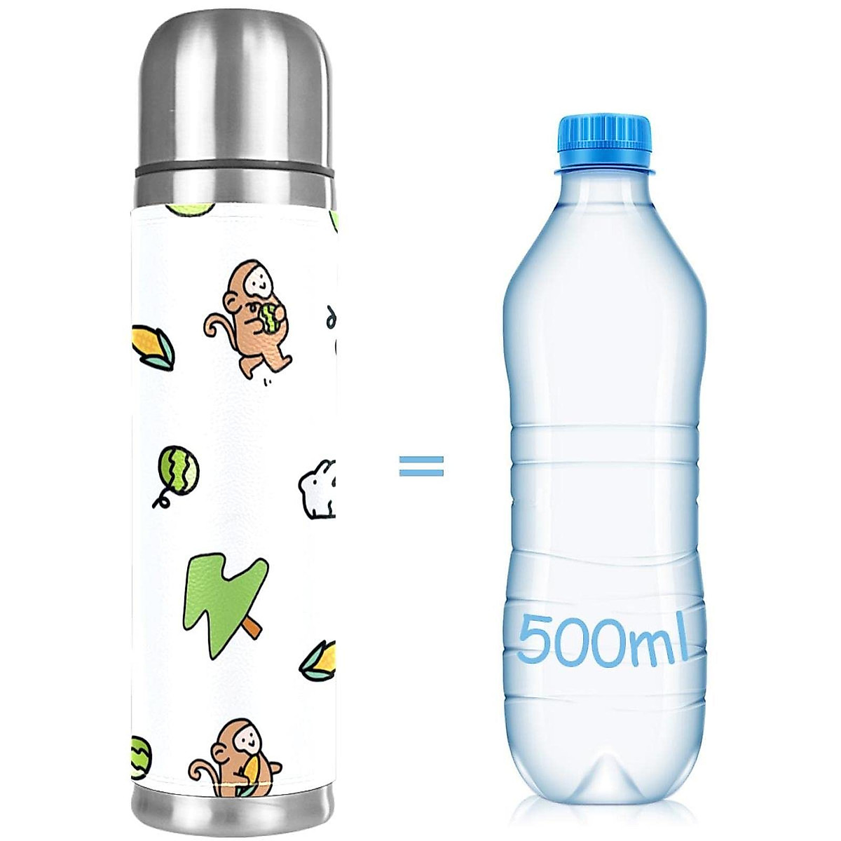 Stainless Steel Leather Vacuum Insulated Mug Monkey Thermos Water Bottle for Hot and Cold Drinks Kids Adults 16 Oz