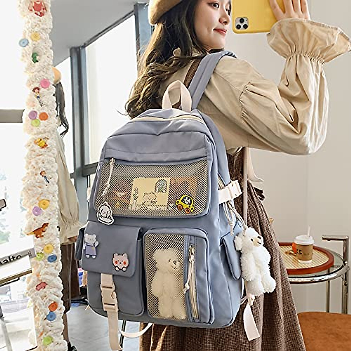 Kawaii Backpack with Kawaii Pin and Accessories Cute Kawaii Backpack for School Bag Kawaii Girl Backpack Cute (Blue)