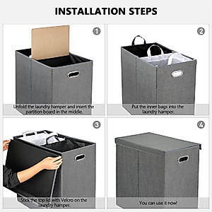 MaxGear Double Laundry Hamper with Lid and 2 Removable Bags, 130L Divided Laundry Basket Laundry Sorter 2 Section & Dual Handles, Large Collapsible Dirty Clothes Basket for Bedroom, Laundry Room, Gray