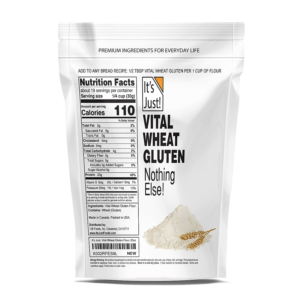 It's Just - Vital Wheat Gluten Flour, High Protein, Make Seitan, Low Carb Bread, 20oz