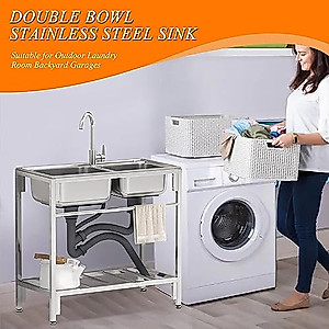 ADASTE Garage Sink Large Double Bowl Sink,Commercial Sink with Drainer Portable Sink with Hot and Cold Water，for Laundry, Backyard, Restaurant