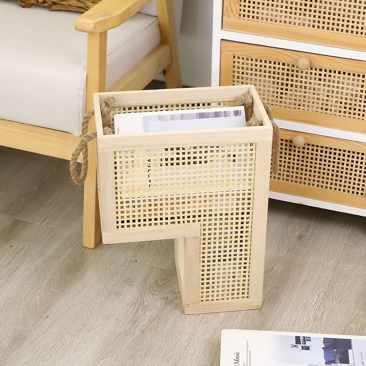 SHCMSADO Wood Stair Basket with Handles,Wicker Step Storage Basket -Natural