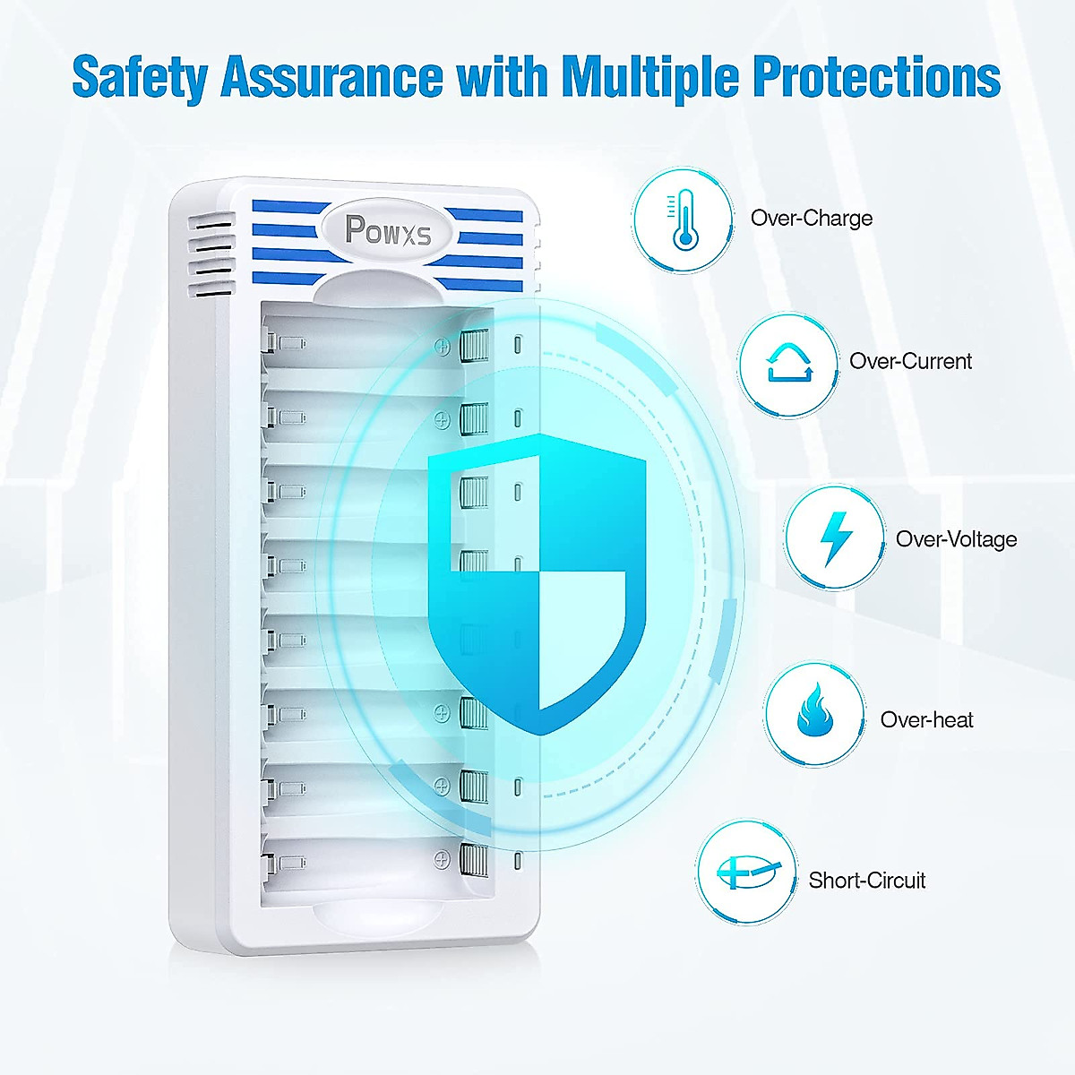 POWXS 8 Bay AA AAA Batteries Charger, Independent and Fast Battery Charger for 1.2V Ni-MH Ni-CD AA Triple AAA Rechargeable Batteries with Convenient USB Cable