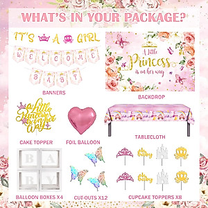 Fiesec Princess Baby Shower Decorations, A Little Princess Is On Her Way Baby Shower Backdrop Banner Balloon Tablecloth Cake Cupcake Topper Box Cutout Crown for Girls Baby Shower Gender Reveal