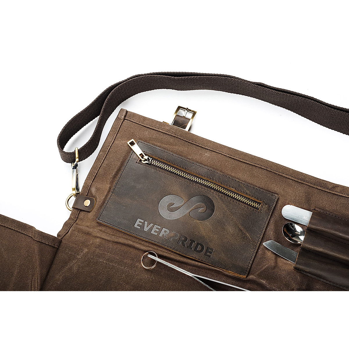 EVERPRIDE Waxed Canvas and Leather Chef Knife Roll Bag – Chef Bag Holds 10 Knives up to 18” PLUS Pocket for Cooking Accessories – Durable Knife Case for Professional Chefs – Knives Not Included