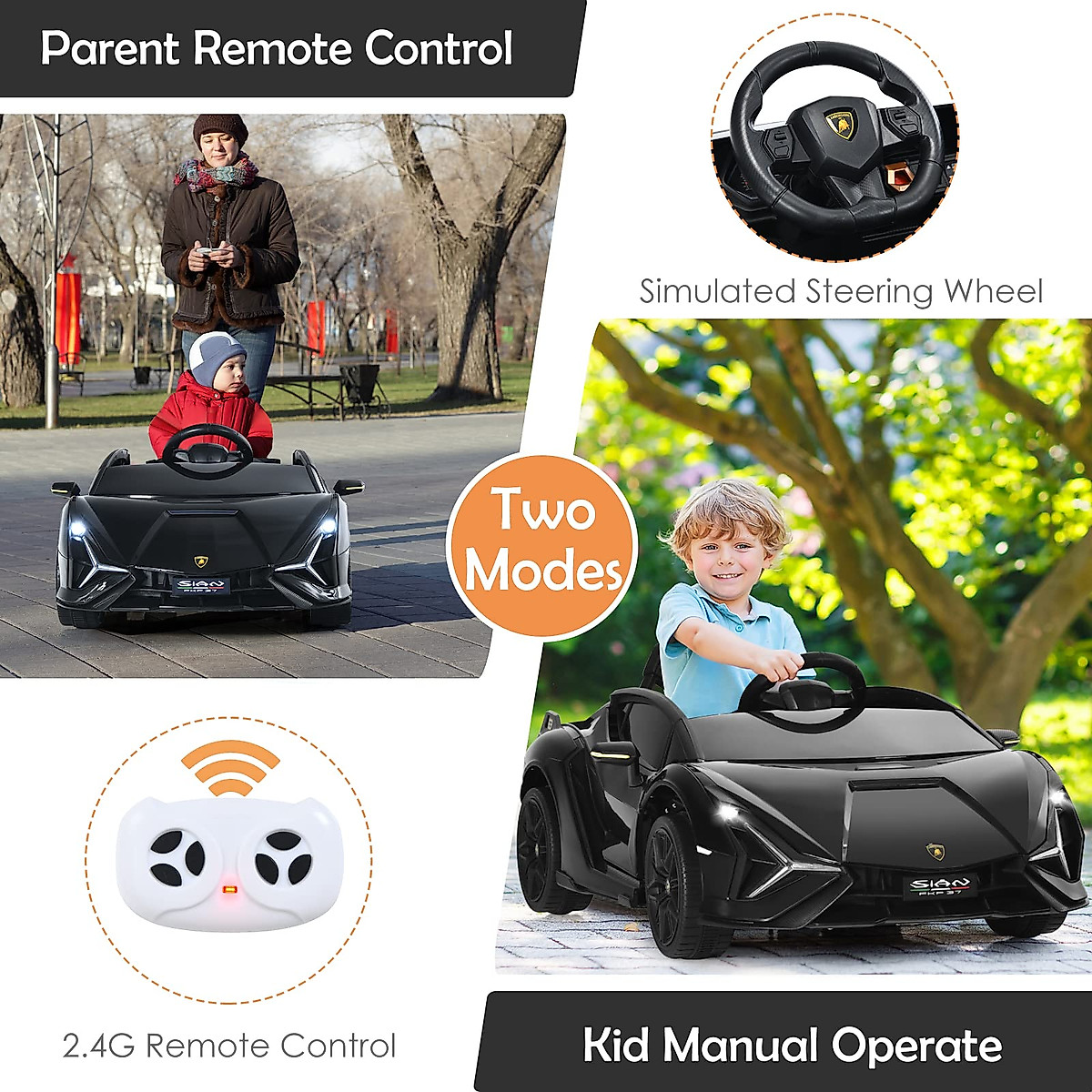 INFANS 12V Licensed Lamborghini Sian Kids Ride On Car with Parent Remote Control, Spring Suspension, MP3 Player, Electric Toy Roadster Carbon Fiber Textured for Toddler (Black)