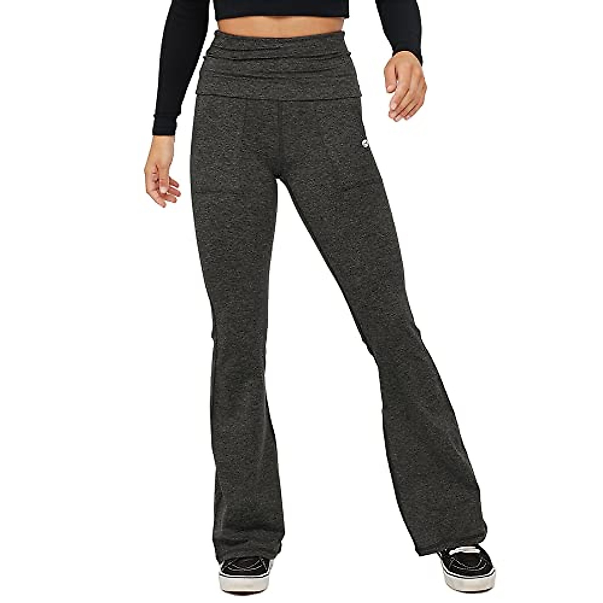 Aurgelmir Womens Flare Yoga Pants High Waisted Foldover Workout Leggings with Pockets Tummy Control Bell Bottom Pants Heather Black