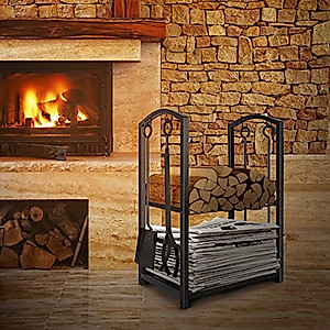 WBHome Firewood Rack with 4 Tools - Iron Fire Log Holder Storage Set Includes Brush, Shovel, Poker, and Tongs, 17 x 29 x 12 inches, for Indoor/Outdoor