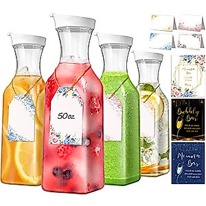 GMISUN Mimosa Bar Supplies Kit, 50 Oz Plastic Carafe with lids, 4 Pack Carafe Set for Mimosa Bar, Square Base Juice Container Carafe Water Pitcher with Flip-Top Lid, Mimosa Bar Sign, Hanging Tags