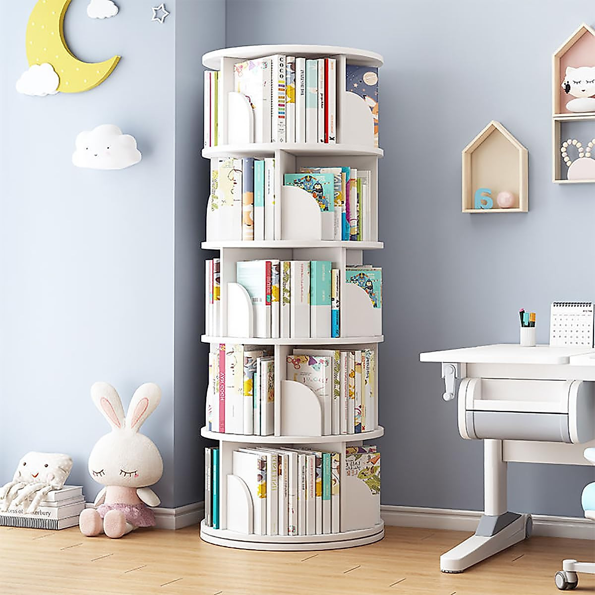 Rotating Bookshelf Tower, 4/5 Tier Circular Bookshelf for Kids&Adults, 18 in Wood 360° Floor Standing Book Storage Rack, Spinning Bookshelf Tower for Classroom Playroom Study Bedroom (White, 1-5)