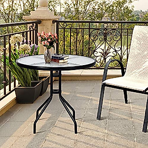 Goplus 32" Outdoor Round Patio Table with Umbrella Hole, All Weather Dining Table Tempered Glass Top, Bistro Table Coffee Table Furniture Commercial Party Event for Backyard Lawn Balcony Pool