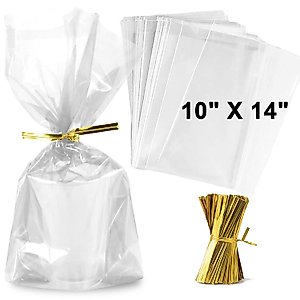 Zcintert Clear Cello 𝗖𝗲𝗹𝗹𝗼𝗽𝗵𝗮𝗻𝗲 𝗧𝗿𝗲𝗮𝘁 𝗕𝗮𝗴𝘀, 100 Pcs - 10" x 14"(2mils), Plastic Gift Bags for Candy, Party Favor, Cookies, Candies Packaging, with 4” Twist Ties