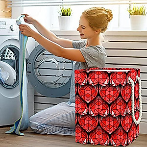 Waterproof Laundry Basket Large Collapsible Laundry Hamper With Handle 4 Detachable Rod, Red 3D Geometric Hearts Love Pattern Bedroom Storage Bin For Clothes, Toys