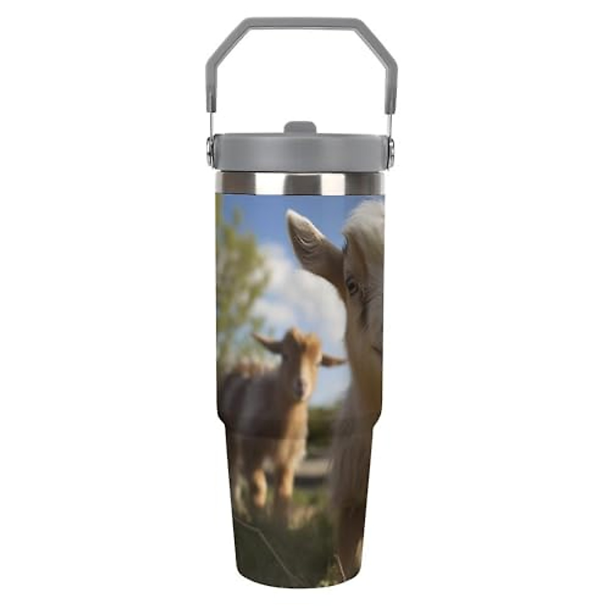 YTLKGFP 30 Oz Large Capacity Car Cup Cute Goat Tumbler with Handle Straw Lid Insulated Stainless Steel Water Bottle Travel Mug Leak-proof Car Cup Keeps Cold Or Hot