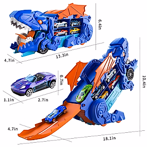 iHaHa Toddler Truck Toys for 3 4 5 6 Years Old Boys, Toys Cars Track Set Dinosaur Transporter Truck with 10 Die-Cast Car Toys, Transforms into Dino, Toddler Car Toys Set for Kids Boys Girls