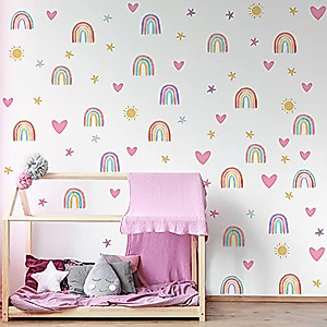 Boho Rainbow Wall Decor Stickers Small Rainbow Wall Decal Watercolor Rainbow Heart Sun Star Wall Stickers for Girls Boys Baby Bedroom Nursery Wall Decor (Classic Style)