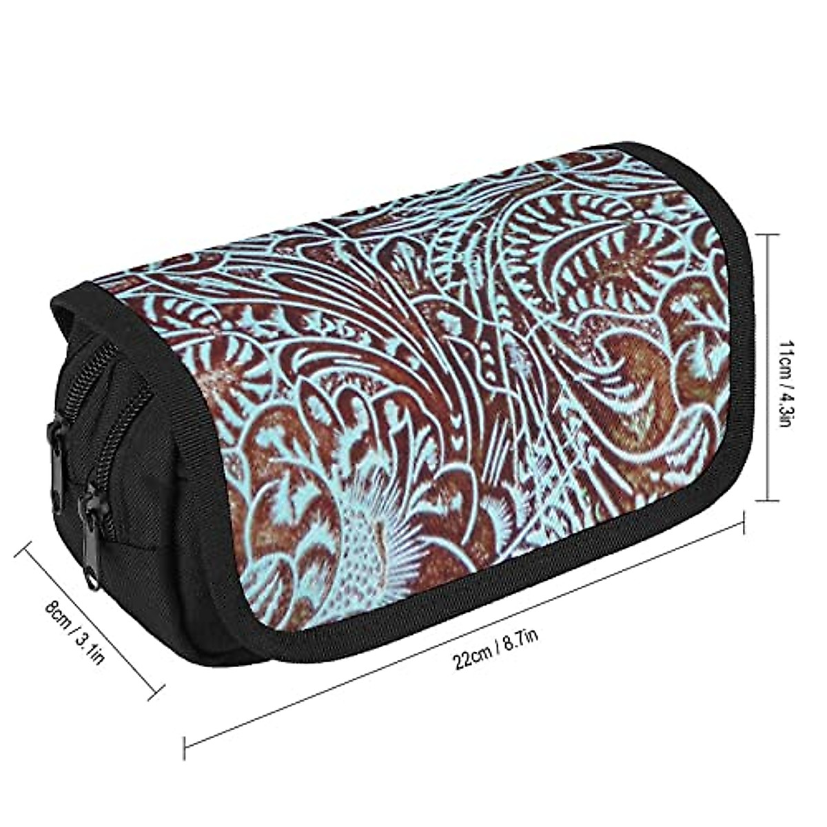 Compatible with Country Teal Brown Western Rustic Tooled Cowb Cute Pencil Organizer Cosmetic Makeup Bag Stationery Pen Case Box with Zipper for Christmas Thanksgiving