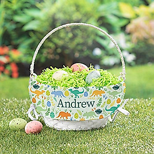 Dino Pattern Personalized Easter Egg Basket with Handle and Custom Name | Green Easter Basket Liners | White Basket | Woven Easter Baskets for Kids | Customized Easter Basket | Gift for Easter