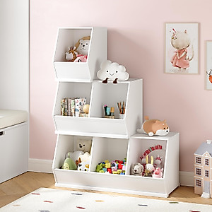 UTEX Toy Storage Organizer for Kids, Stackable Toy Storage Cabinet, Wooden Cubby Toy Organizer, White Toy Shelf for Playroom, Bedroom, Living Room, Nursery, 2 Cubes
