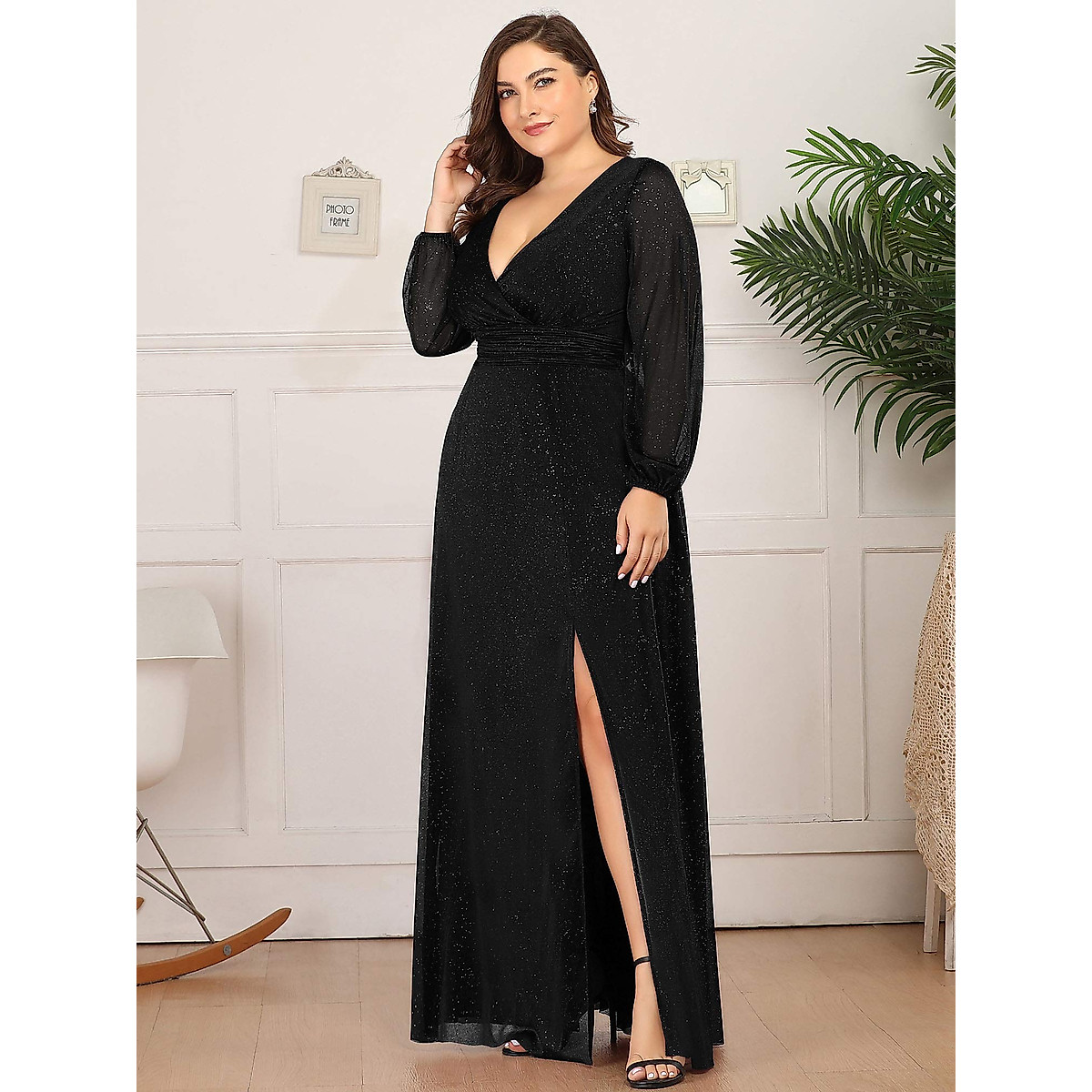 Ever-Pretty Women's Glitter A Line High Slit V-Neck Plus Size Formal Gowns and Evening Dresses Black US20