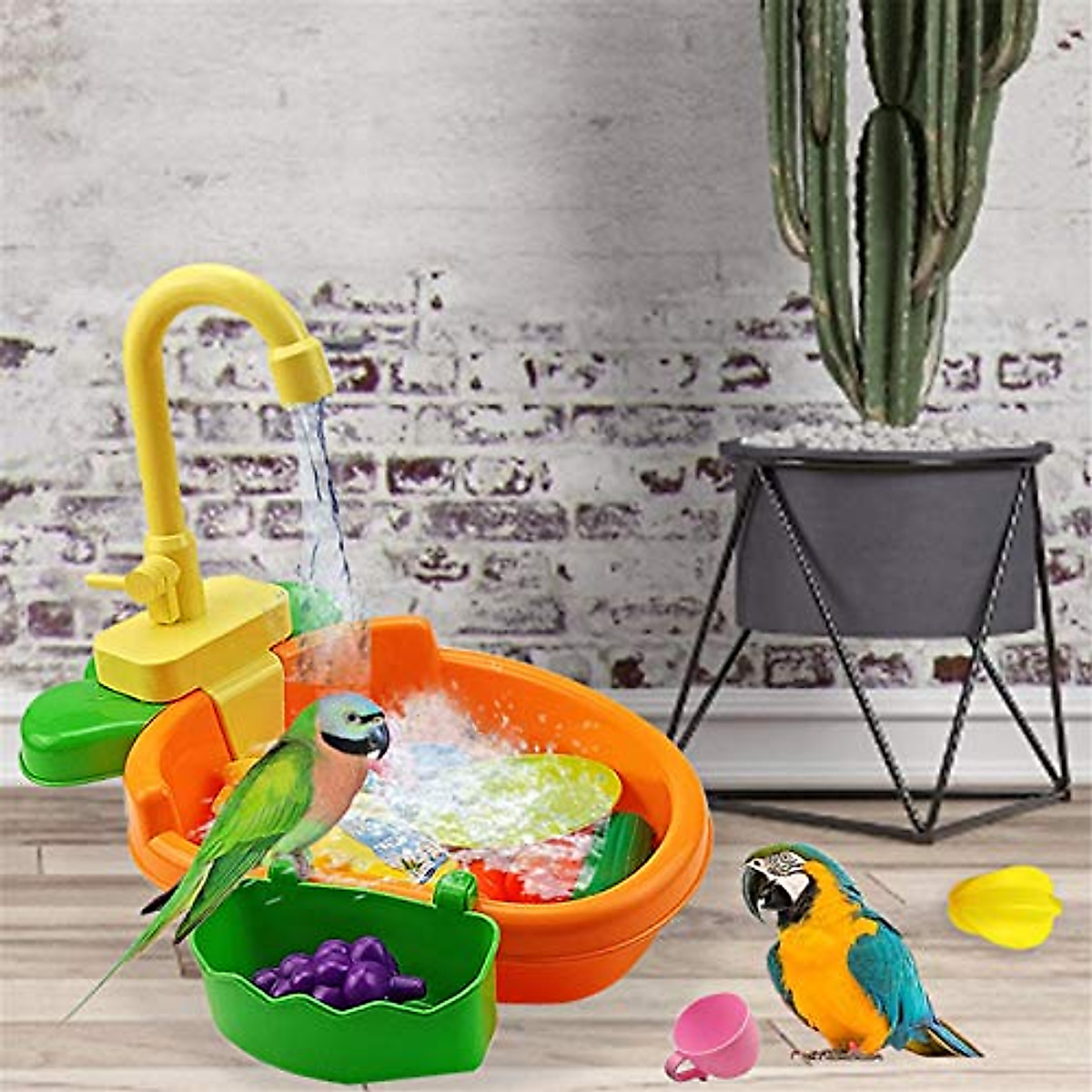 Bird Bath Tub Parrot Automatic Bathtub with Faucet Bird Shower Bathing Tub Birdbath Toy Bird Feeder Bowl Parrot Automatic Bathtub Pool for Indoor