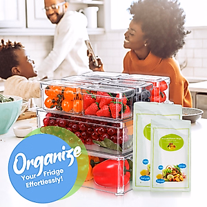 Clear Fridge Organizer Bins - 10 pcs Refrigerator Organizers and Storage Set for Fridge, Freezer, Kitchen, Stackable Pantry Organizer Bins - Includes Pack of 20 Food Bags - Ideal for Food & Drinks